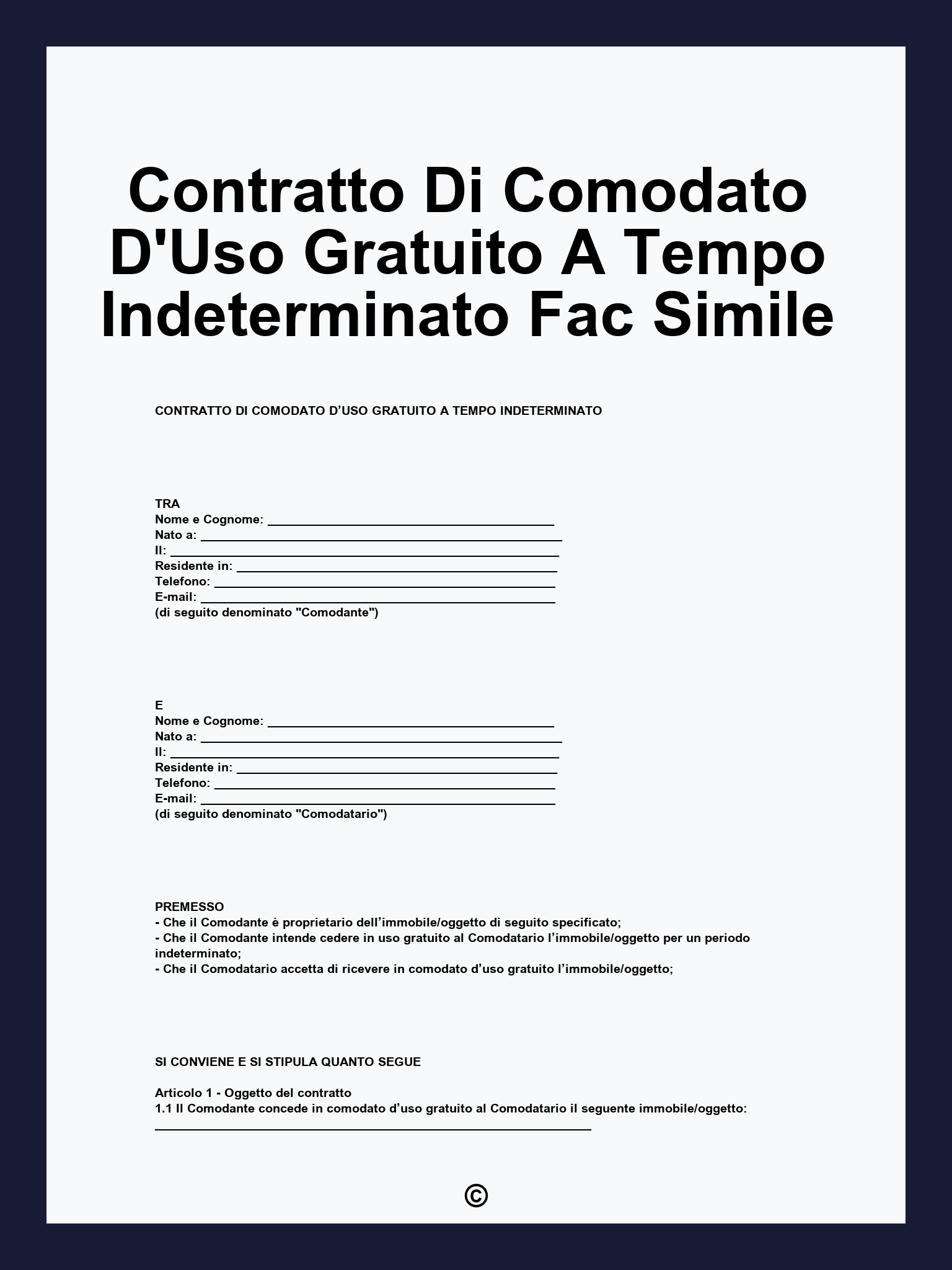 Contratto Di Comodato D'Uso Gratuito A Tempo Indeterminato Fac Simile
