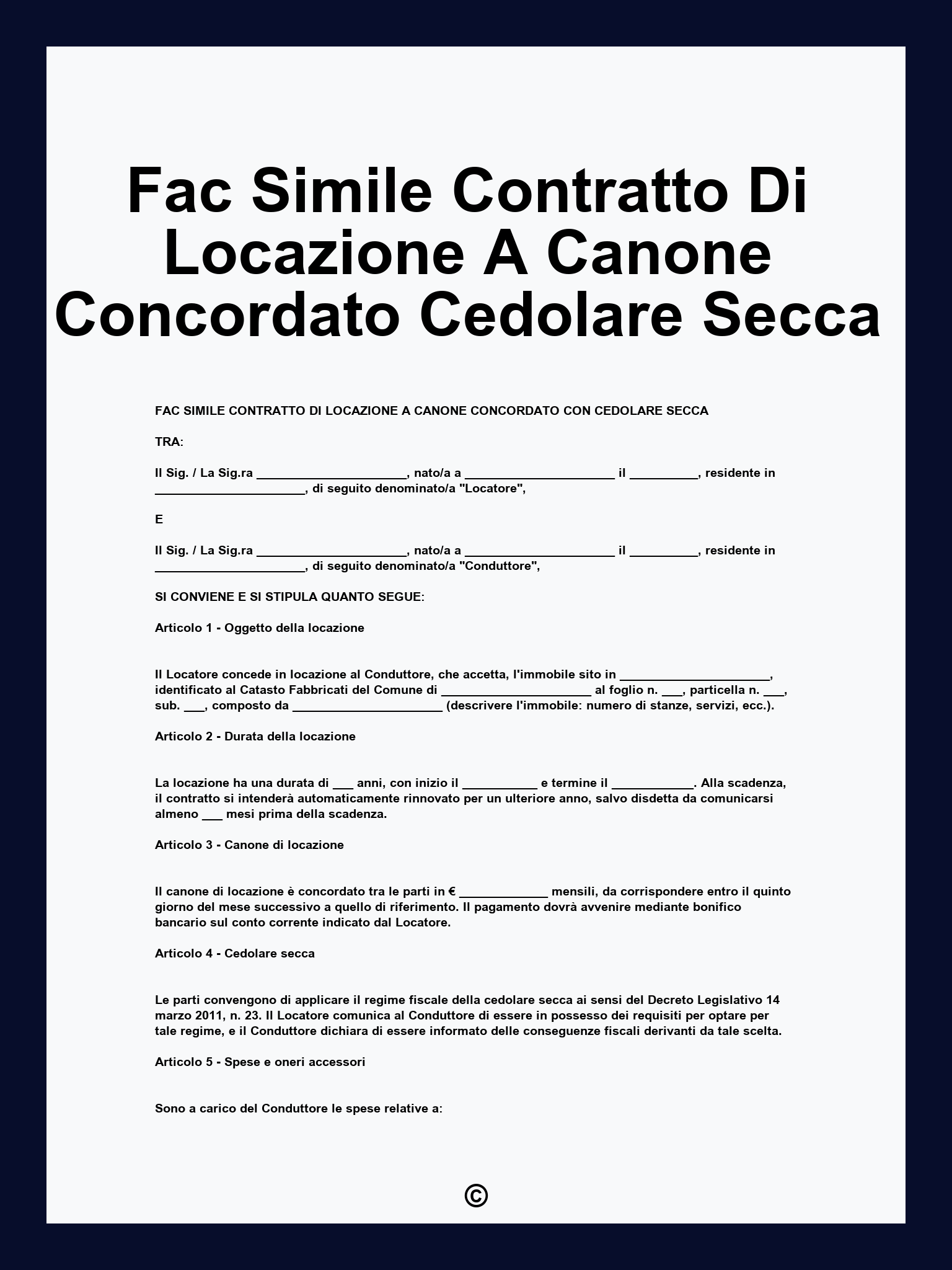 Fac Simile Contratto Di Locazione A Canone Concordato Cedolare Secca